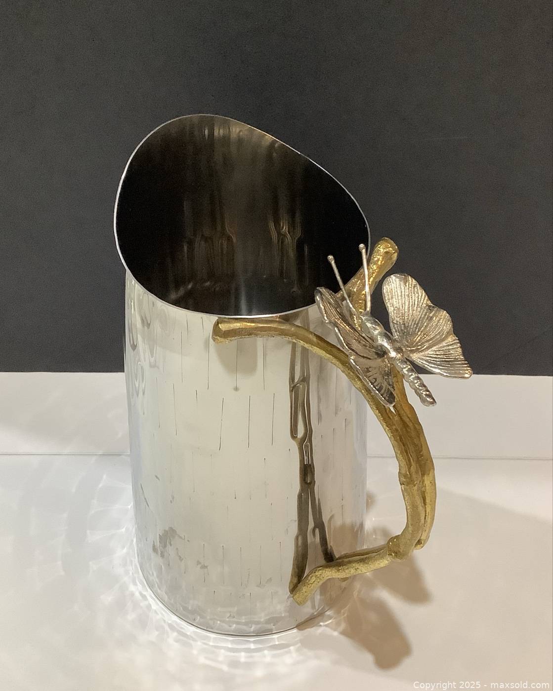 Hammered Stainless Steel Dragonfly Pitcher And Six Silver-Plated Glass ...