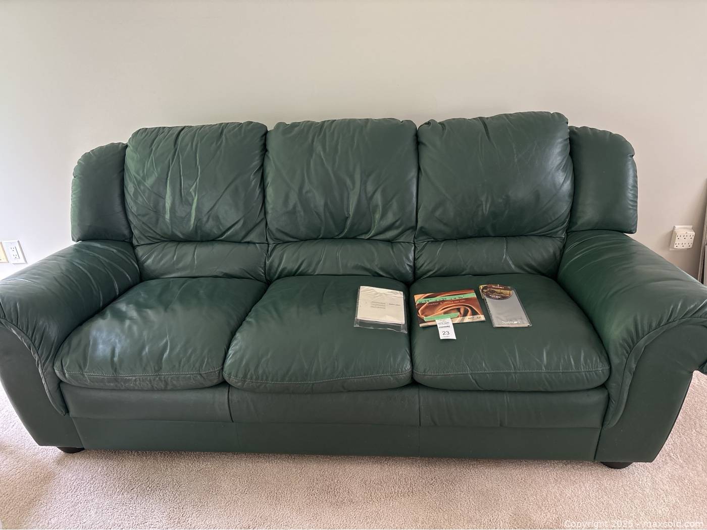 Natuzzi green leather 3-seat sofa | Maxsold
