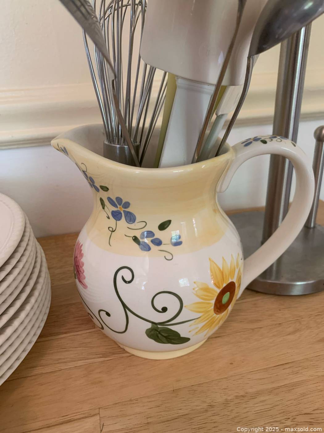 Ceramic Floral Pitcher, Stainless Steel Paper Towel Holder, and Cooking ...