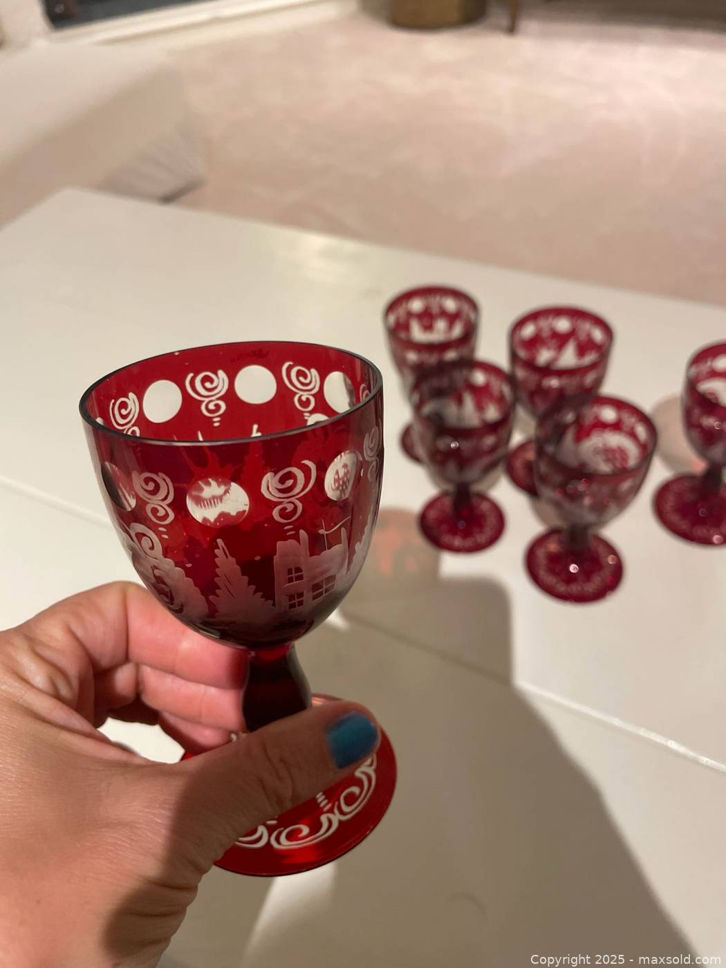 Egermann Bohemian ruby cut sherry glasses set of 6 | Maxsold
