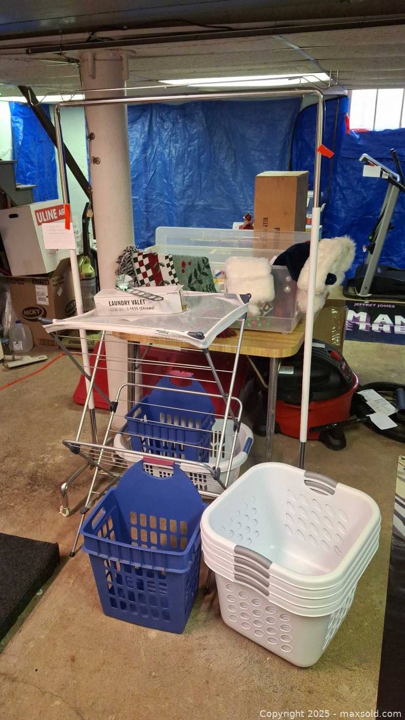 Laundry Items Including Hanging Rack, Drying Rack, Baskets, and Laundry ...